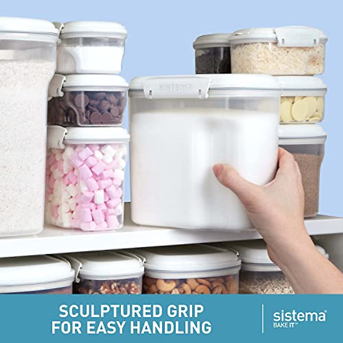 Sistema Flour and Sugar Storage Containers for Pantry with Lids and Measuring Cup, Dishwasher Safe, 10.2-Cup, White