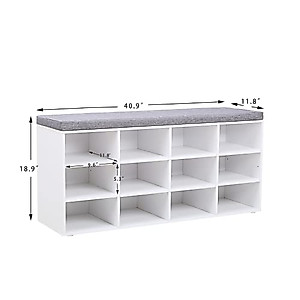 DINZI LVJ Shoe Storage Bench with Cushion, Cubby Shoe Rack with 12 Cubbies, Adjustable Shelves, Multifunctional Shoe Organizer Bench for Entryway, Mudroom, Hallway, Closet and Garage, White