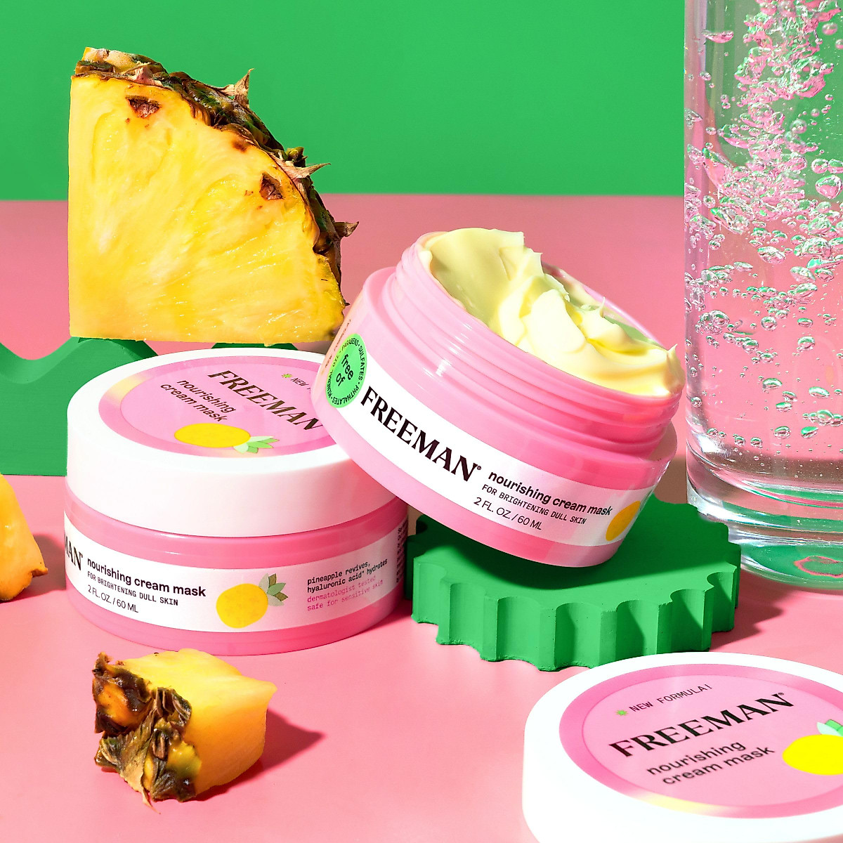 Freeman Nourishing Pineapple & Hyaluronic Acid Cream Facial Mask, Hydrates & Moisturizes Skin, Leave-On Treatment, Restore & Plum Skin, Cruelty-Free & Vegan, 2 fl.oz./ 60 ml Jar, 2 Count