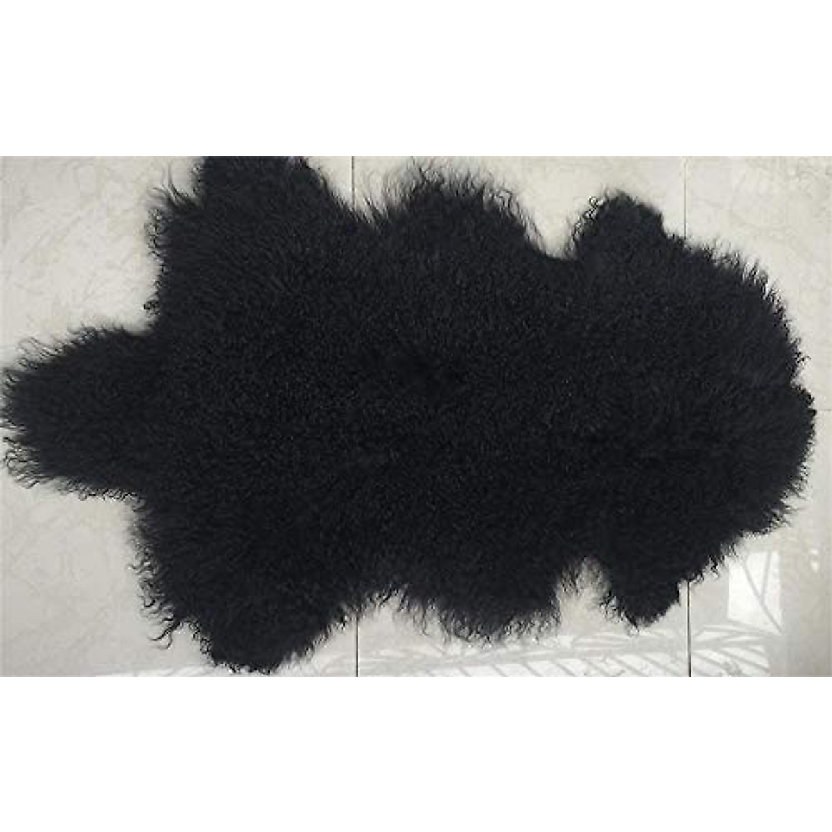 Seek4comfortable Black Genuine Mongolian Sheepskin Pelt Fur Area Rug, Tibetan Curly Fur Throw with Super Fluffy Thick Decorative As Throw Rug 41.5-43.5in Long and 24-25.6 in Wide