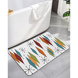 European Bath Mat for Bathroom Rugs Non Slip, Bath Mat Quick Dry Absorbent Bath Rug, Thin Rubber Backed Easy to Clean, Retro Middle Century Geometric Red Orange Diamond 18"x30"