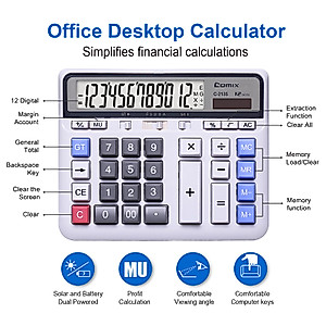 Comix Desktop Calculator Solar Battery Dual Power with 12-Digit Large LCD Display and Large Computer Keys Office Calculator for Home Office School