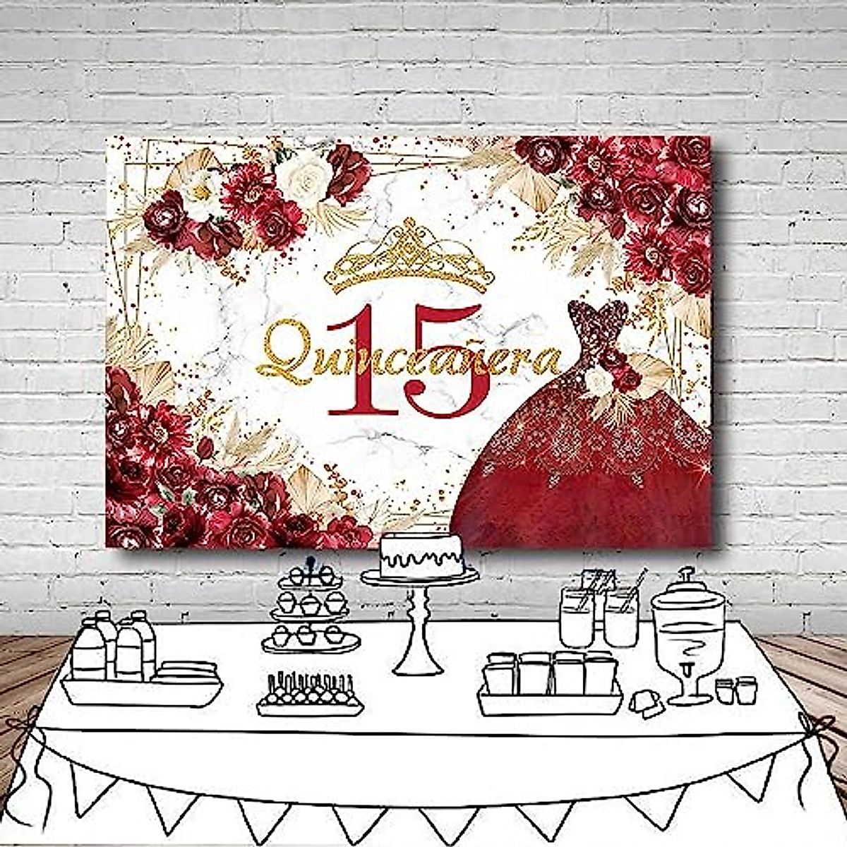 MEHOFOND 10x7ft Boho Floral Quinceanera 15th Birthday Backdrop for Girls Red Flowers Pampas Grass Mis Quince Anos 15th Birthday Party Decorations Photography Background Gold Glitter Dots Crown Banner