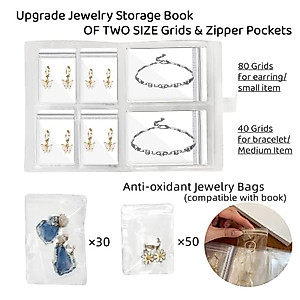 KIKILIE Travel Jewelry Organizer - Multifunctional Storage Book, Transparent Earring Necklace Bracelet Holder, 120 Grids with 80 Pack Two Sizes Plastic Bags