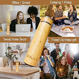 UPFLICK Bamboo Tea Tumbler with Infuser for Loose Tea 17 oz Insulated Water Bottle Gift for Women Birthday Coffee Thermos Stainless Steel Leak Proof Keep Hot Cold Drink for Gym, Sport, Camping, Yoga.