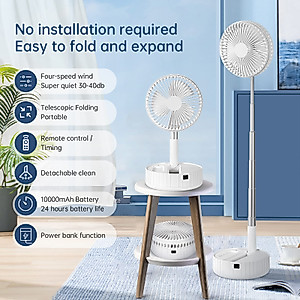 AIDENOEY Portable Telescopic Foldable Desk Fan,10000mAh Foldable Pedestal Floor Fan with 4 speed remote control electric collapsible Standing fan,usb charging,for office home outdoor camping