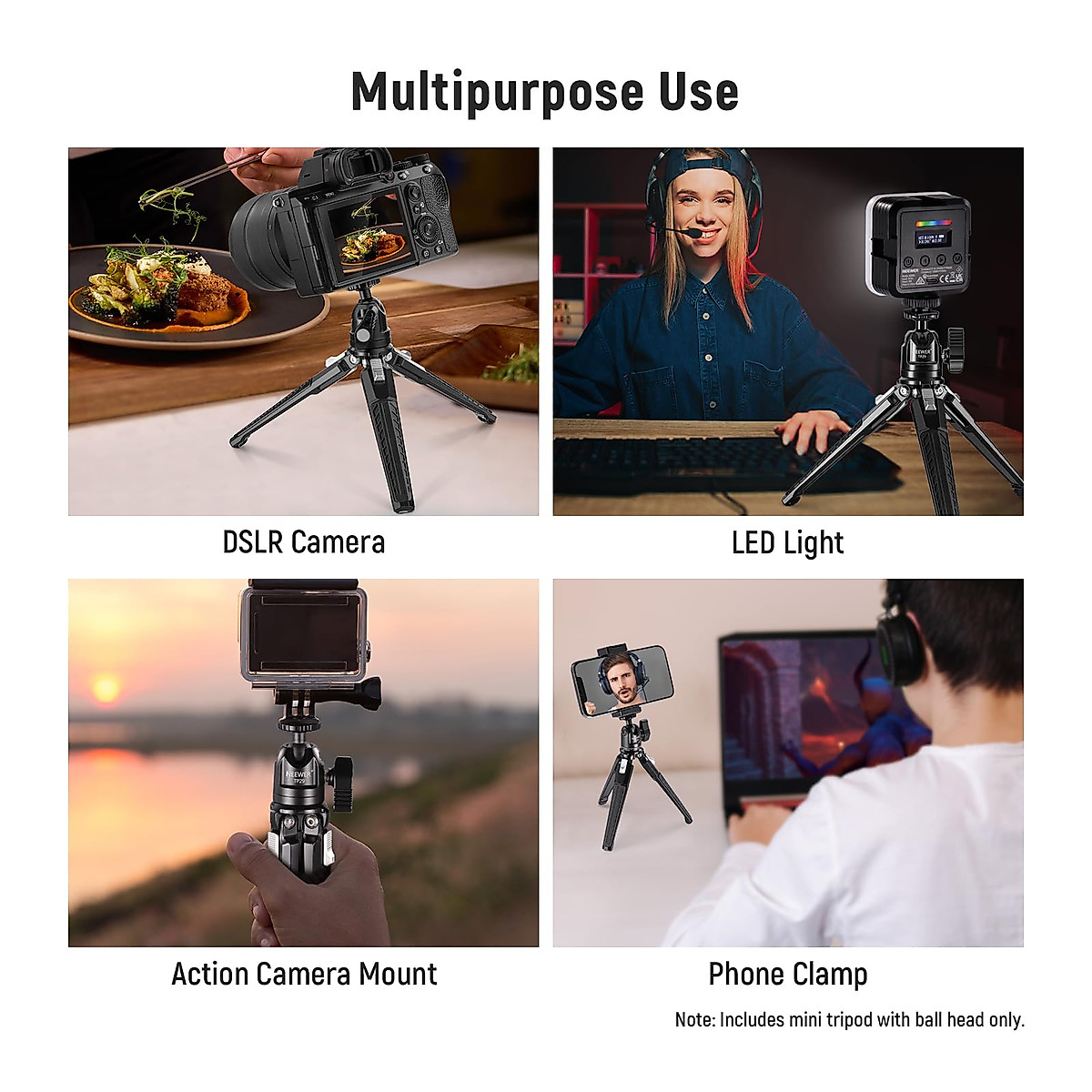 NEEWER Mini Metal Table Tripod with 360° Ball Head, Supports Vertical Recording and Handle, Portable Travel Tripod with 1/4 Inch Screw for Camera Mobile Phone Action Cam, Max. Load 3 kg, TP29