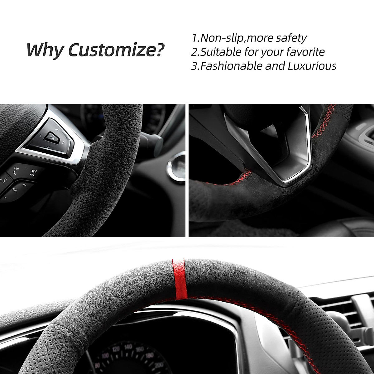 Alfanxi Hand Stitch Alcantara Steering Wheel Cover Compatible with Ford Edge Fusion Energi Hybrid Galaxy Mondeo S-MAX 2014-2020 (Red Stripe)