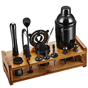 Soing Black 24-Piece Cocktail Shaker Set,Perfect Home Bartending Kit for Drink Mixing,Stainless Steel Bar Tools With Stand,Velvet Carry Bag & Recipes Included