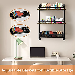 QoQoLiLi 3 Tier Industrial Pipe Shelving, 24Inch Industrial Wall Shelf with Adjustable Baskets and Protective Metal Guardrail, Wall Shelves Unit and Wall Mounted Shelves, Vintage Brown