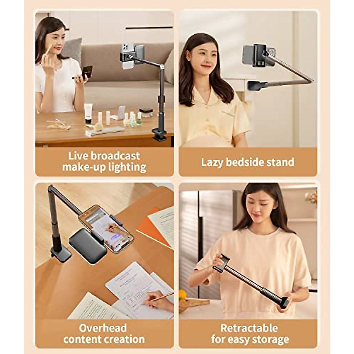 yAyusi Overhead Phone Mount for Recording,Phone Stand for Recording Overhead,Articulating Arm Cell Phone Holder with LED Ring Light, Desk/Bedside Tripod for YouTube Live Stream Cooking Video Recording