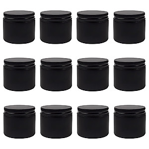 Cornucopia 2-Ounce Black Coated Glass Jars (12-Pack); Cosmetic Jars with Black Metal Lids and Black Matte Exterior