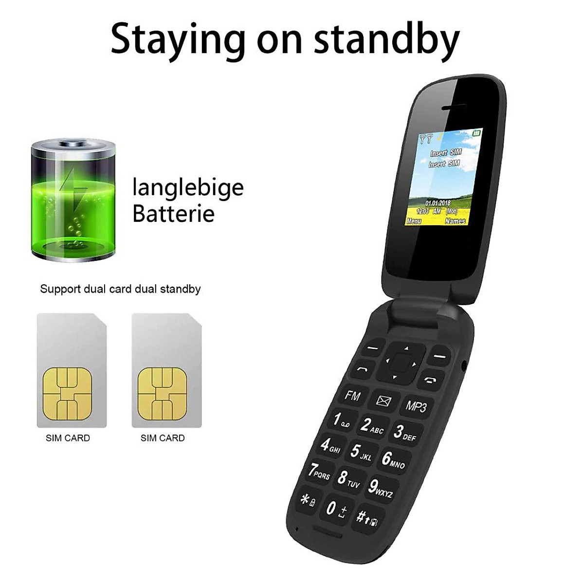 XBOSS F200 Feature Mini Flip Dual Sim Card Fashion Mobile Phone Cellphone with Push Button Key Unlocked (Black)