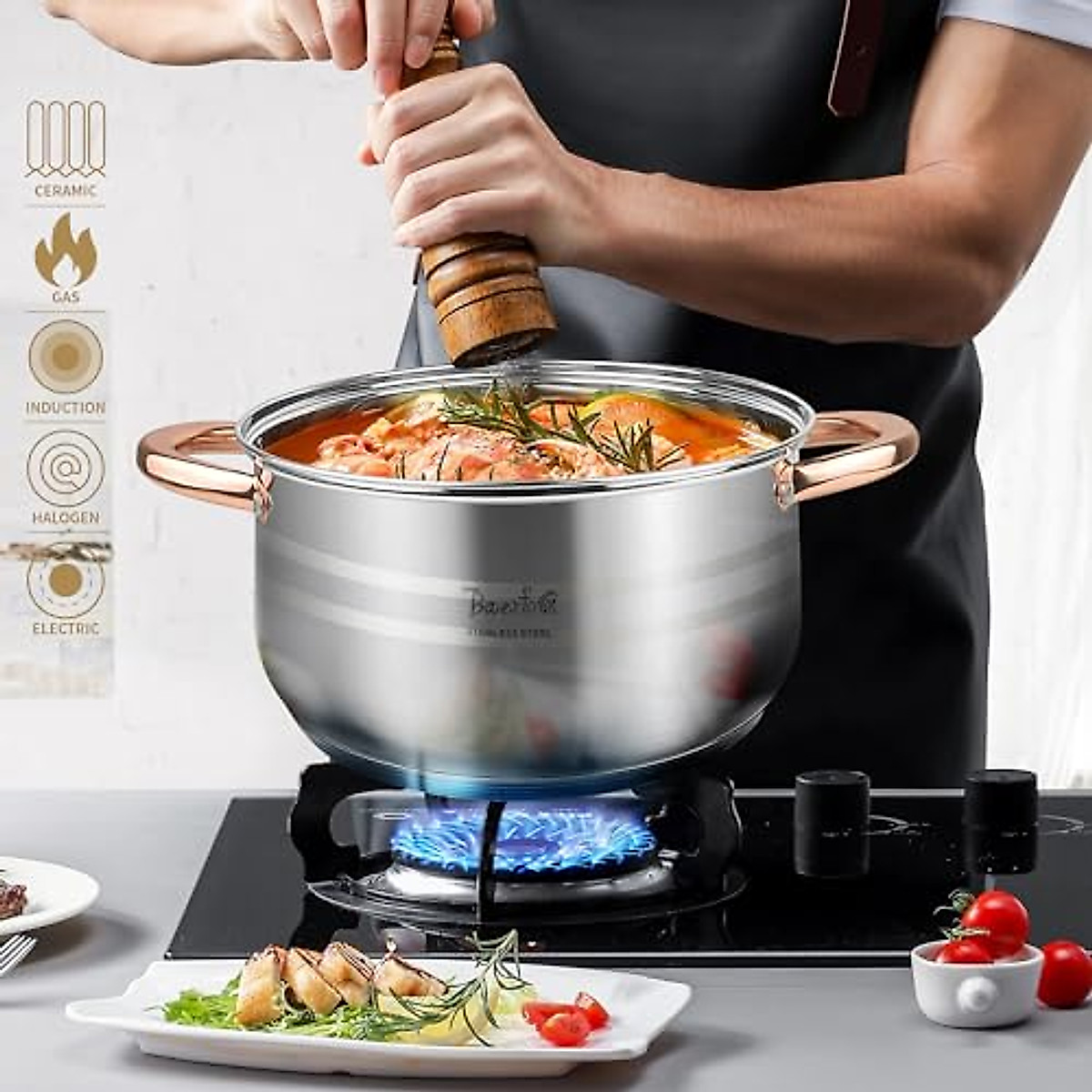 BAERFO Pots and Pans Set -8 Piece Stainless Steel Kitchen Cookware Set,Pots and Pans Set Nonstick cooking sets，suitable for Gas, Electric & Induction, Dishwasher Safe