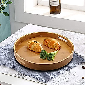 Jucoan 14 Inch Large Round Serving Tray with Handle, Bamboo Wood Circle Tray, Decorative Food Tray for Ottoman, Coffee Table, Breakfast, Drinks