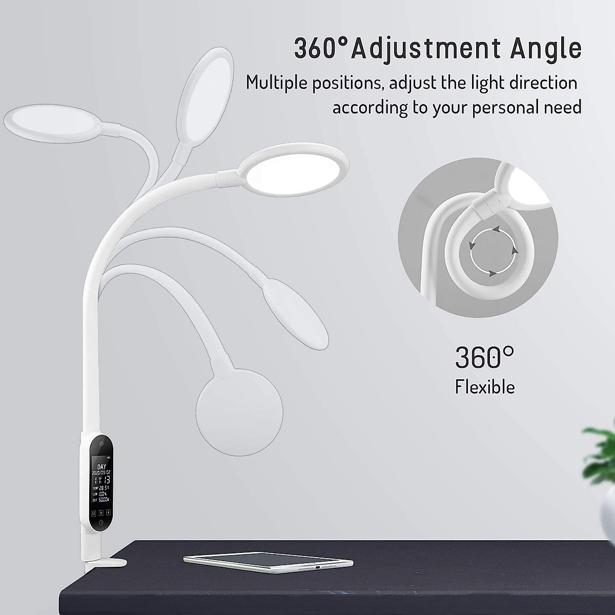 CELYST 15W LED Desk Lamp with Clamp, Date, Calendar, Touch Panel, 28.3 Long Arm Flexible Desk Light for Video Conferencing, Architect/Task/Drafting Light, 3 Color Modes, 15 Brightness Dimmable, White