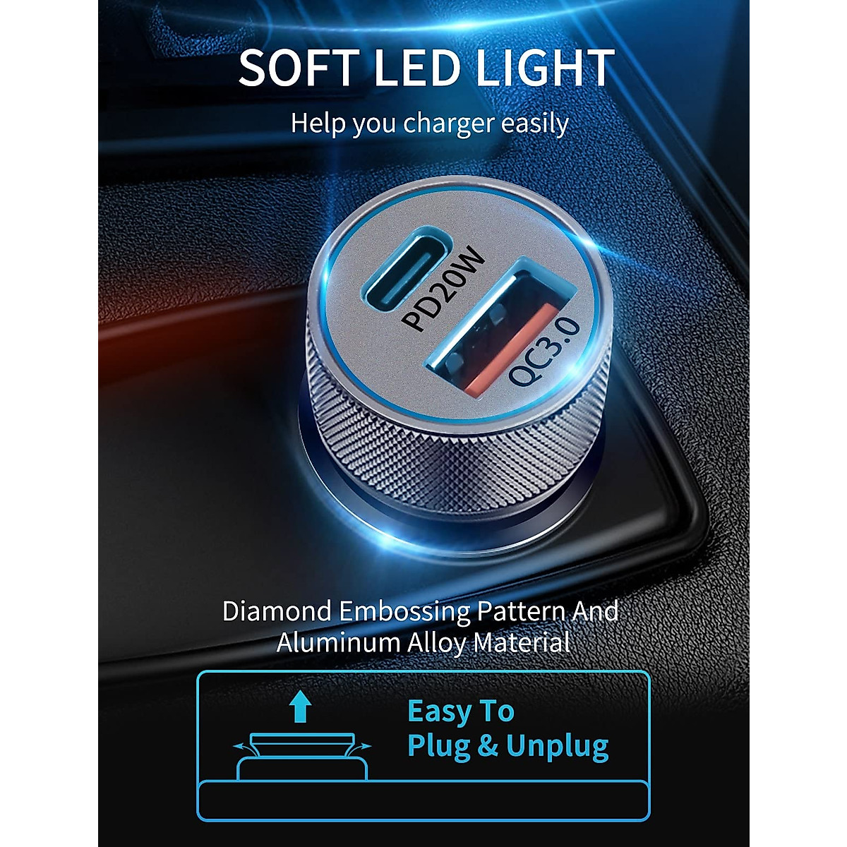 [2Pack] Cynemo Fast Car Charger for iPhone 13 12 11, 38W Dual Port 20W USB C Car Charger Adapter Power Delivery Metal Mini Cigarette Lighter PD QC3.0 Quick Charger for iPhone Samsung Galaxy Devices