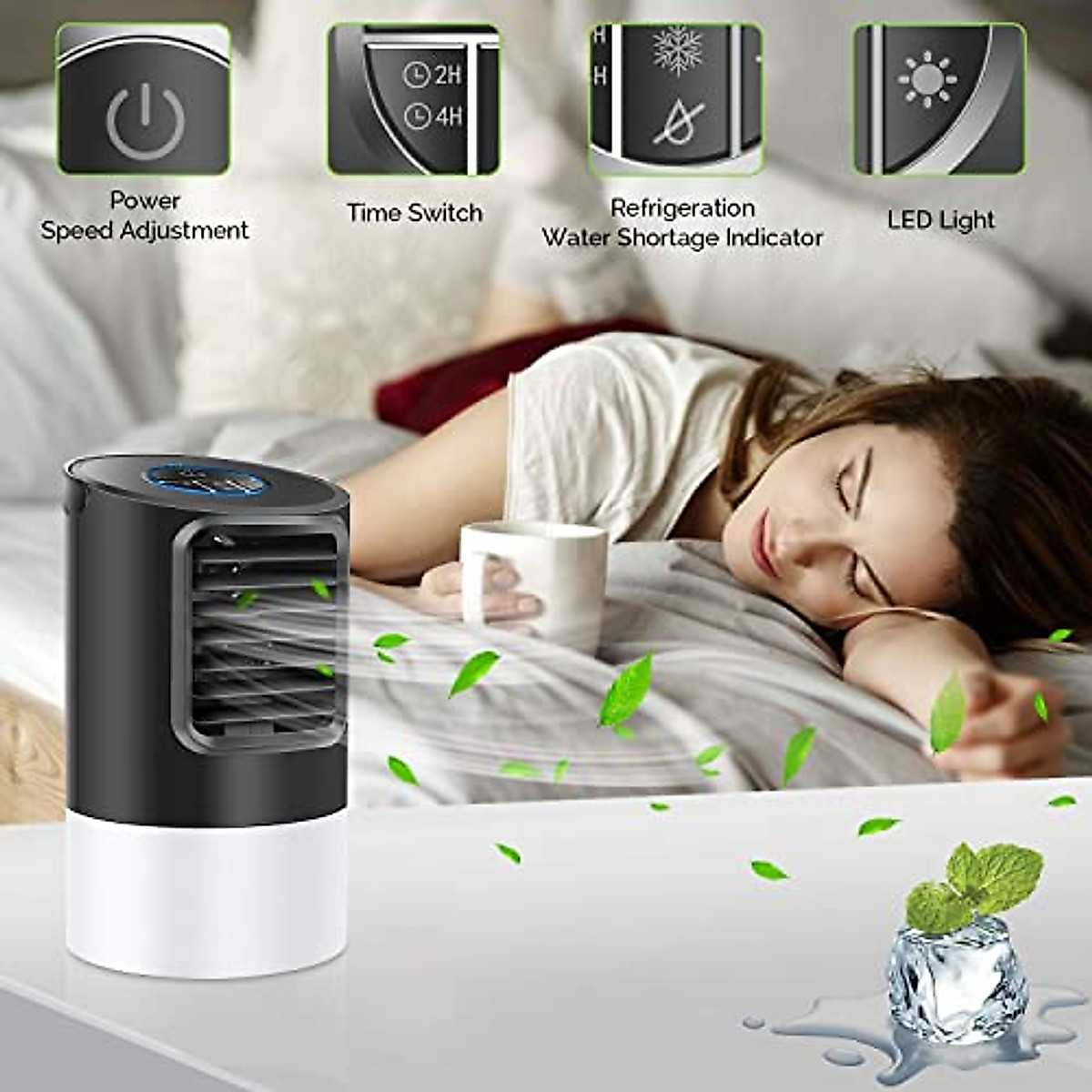 OVPPH Portable Air Conditioner Fan, Personal Evaporative Cooler Mini Desk Cooling Fan with Handle, 3 Speeds, Timer, 7 LED Light Circulator Humidifier Misting for Bedroom Home Office, Fashion Black