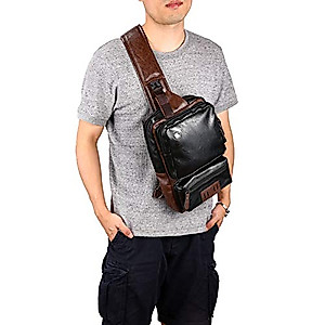 Men's Sling Bag, Crossbody PU Leather Shoulder Backpack with USB Charging Port, Vintage Chest Bag for Men(Black)