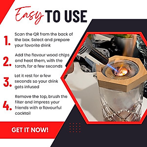 Bourbon-Old Fashioned Smoker with torch, 6 wood chips flavors, skull ice mold, e-book with 10 recipes, tea spoon and brush, in stylish box ready to gift. (Cocktail smoker kit - No butane)