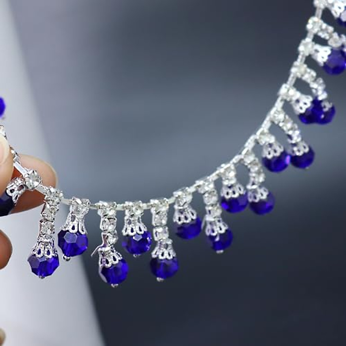 Silver Crystal Glass Beads Rhinestone Tassel Drill Chain 1 Yard Handmade Sewing Clothes Neckline Shoes Bags Jewelry Wedding Dress DIY Clothing Accessories Accessories (Dark Blue)