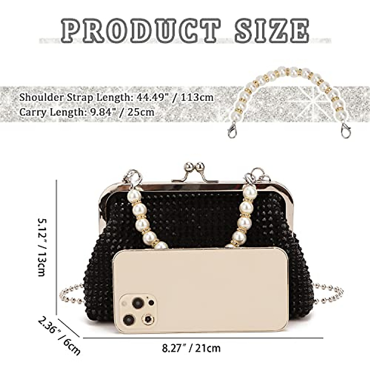 SUKUTU Women Luxury Full Rhinestone Shoulder Bag Noble Kiss Lock Crystal Messenger Bag Clutch Handbag with Pearl Beaded Chain