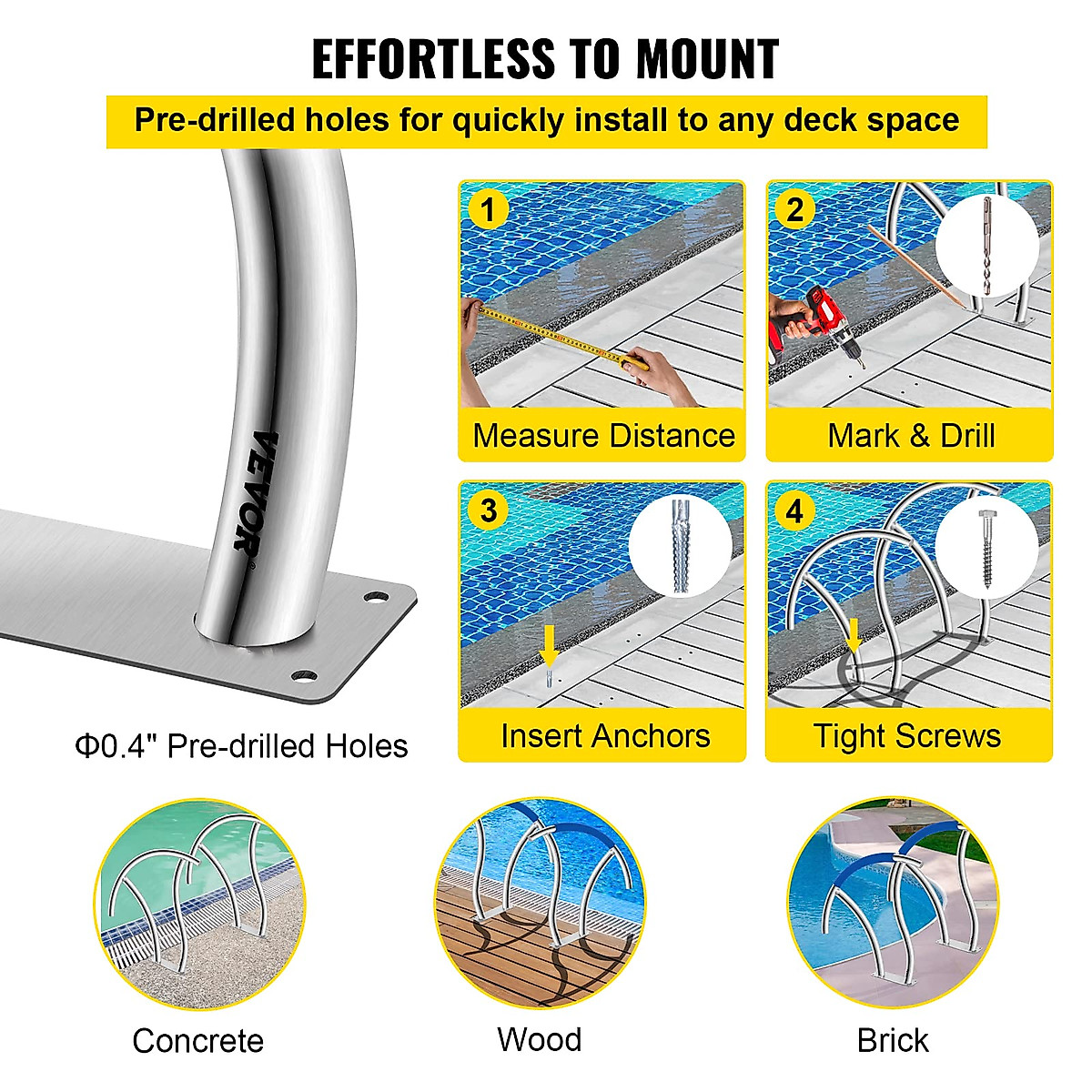 VEVOR Pool Handrail, 2Pack 30"x30" Swimming Pool Stair Rail, 304 Stainless Steel Stair Pool Hand Rail Rated 375lbs Load Capacity, Pool Rail with Quick Mount Base Plate, and Complete Mounting Accessory