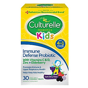 Culturelle Immune Defense Probiotic with Vitamin C, Vitamin D and Zinc + Elderberry, Non-GMO, 4-in-1 Immune Support for Kids Ages 3+*, Mixed Berry Chewables, 30 Count
