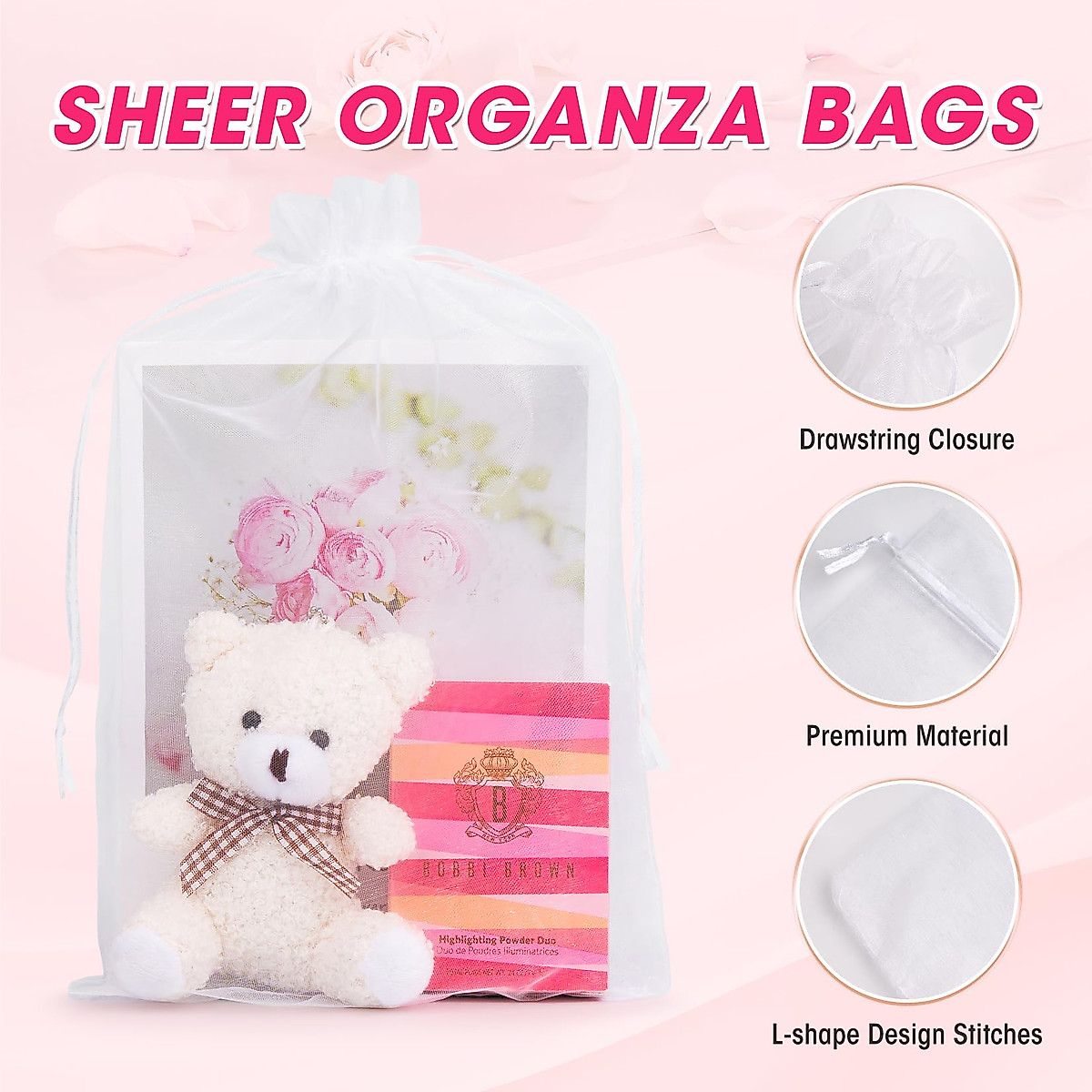 ANZNKU 50 Pack White Organza Bags 8x12 inch Mesh Bags Drawstring Large Goody Bags Gift Bags for Jewelry Candy Wedding Christmas Party Favor