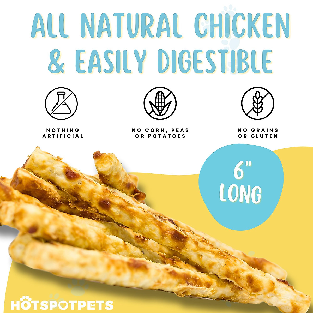 hotspot pets All Natural Rawhide Alternative Chicken Sticks for Dogs (30 Pack) Digestible Dog Chews Treats -Great for Oral Care Snacks (6'' Sticks)