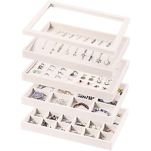 Coward Set of 5 Stackable Jewelry Organizer Tray Necklace Earring Box Storage Ring Bracelet Display Holder (beige(ring+necklace+12girds+24girds+The glass lid))