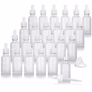 JUVITUS 1 oz Frosted Clear Glass Boston Round Bottle with White Dropper (24 pack) + Funnel