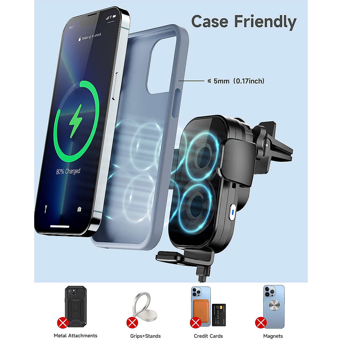 【Dual Coils & 2 Vent Mounts】 Wireless Car Charger, Casunit 15W Dual Coil Fast Charging Auto-Clamping Car Mount for iPhone 14 13 12 Pro Max Mini/Samsung Galaxy Z Flip 4 3 5G S21/LG/Pixel 6 Pro (Black)