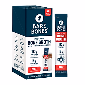 Bare Bones Beef Bone Broth Instant Powdered Mix | Rich Savory Packets on-the-Go No Artificial Flavors | 100% Grass Fed Keto & Paleo Friendly | 10g Protein | 8 Pack