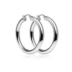 LOVVE Sterling Silver High Polished Round-Tube Click-Top Chunky Thick Hoop Earrings, 5x40mm