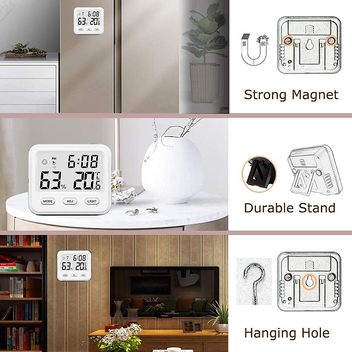 Digital Hygrometer Indoor Thermometer, Temperature Humidity Gauge with Desk Clocks for Bedroom Office,Backlit Accurate Monitor Clear Reading,Time Display Room Thermometer for Home Greenhouse(White)