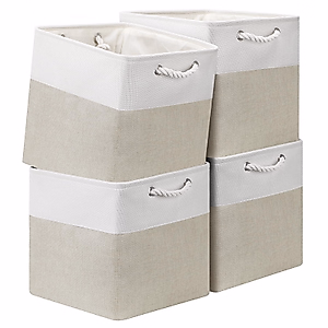 Posprica Storage Cubes 13x13, Collapsible Storage Bins Organizer for Closet, Fabric Storage Box with Cotton Rope Handles, Decorative Storage Baskets for Shelves, Nursery, Toy, set of 4 - White/Coffee