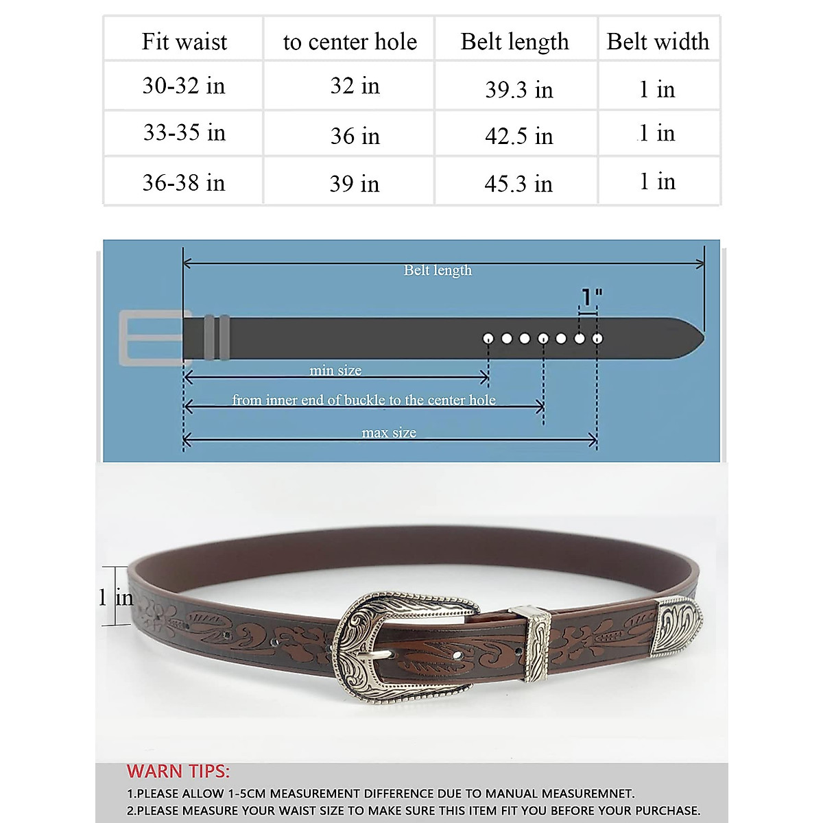 TOPACC Western Embossed Engraved Tooled Leather Belt for Women Brown Cowgirl Cowboy Country Belts for Jeans Pants Girls