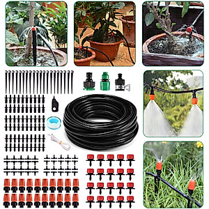 Drip Irrigation Kit 50ft/15m Garden DIY Irrigation System with Distribution Tubing Hose Adjustable Nozzles Plant Watering Kit Mist Irrigation System for Garden, Patio, Greenhouse, Lawn