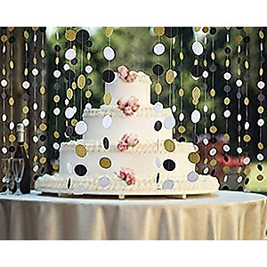 MerryNine Paper Garland, 5 Pack 50ft Glitter Paper Garland Circle Dots Hanging Decor, Paper Banner for Baby Shower, Birthday, Nursery Party Decor(Circle Polka Dots-Black White Gold-50 Feet)