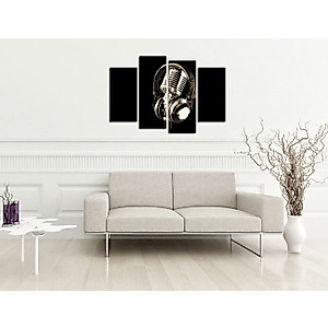 VVOVV Wall Decor Microphone Music Picture Canvas Print Headphone Canvas Wall Art Black and White Musical Painting Contemporary Music Room Decorations Framed Canvas Artwork Large 4 Panels