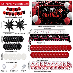 Red Birthday Decorations for Men Women Boys Girls, 75 PCS Red and Black Party Decorations Happy Birthday Backdrop Banner Party Supplies Confetti Star White Red and Black Balloons Arch Tablecloth