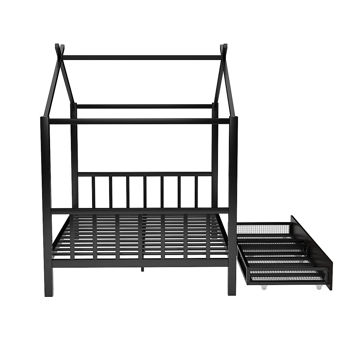 CITYLIGHT Full Size House Bed for Kids, Metal Full Platform Bed Frame with 2 Storage Drawers, Roof, Headboard and Footboard, Full Storage Canopy Bed for Kids, Girls & Boys, Black