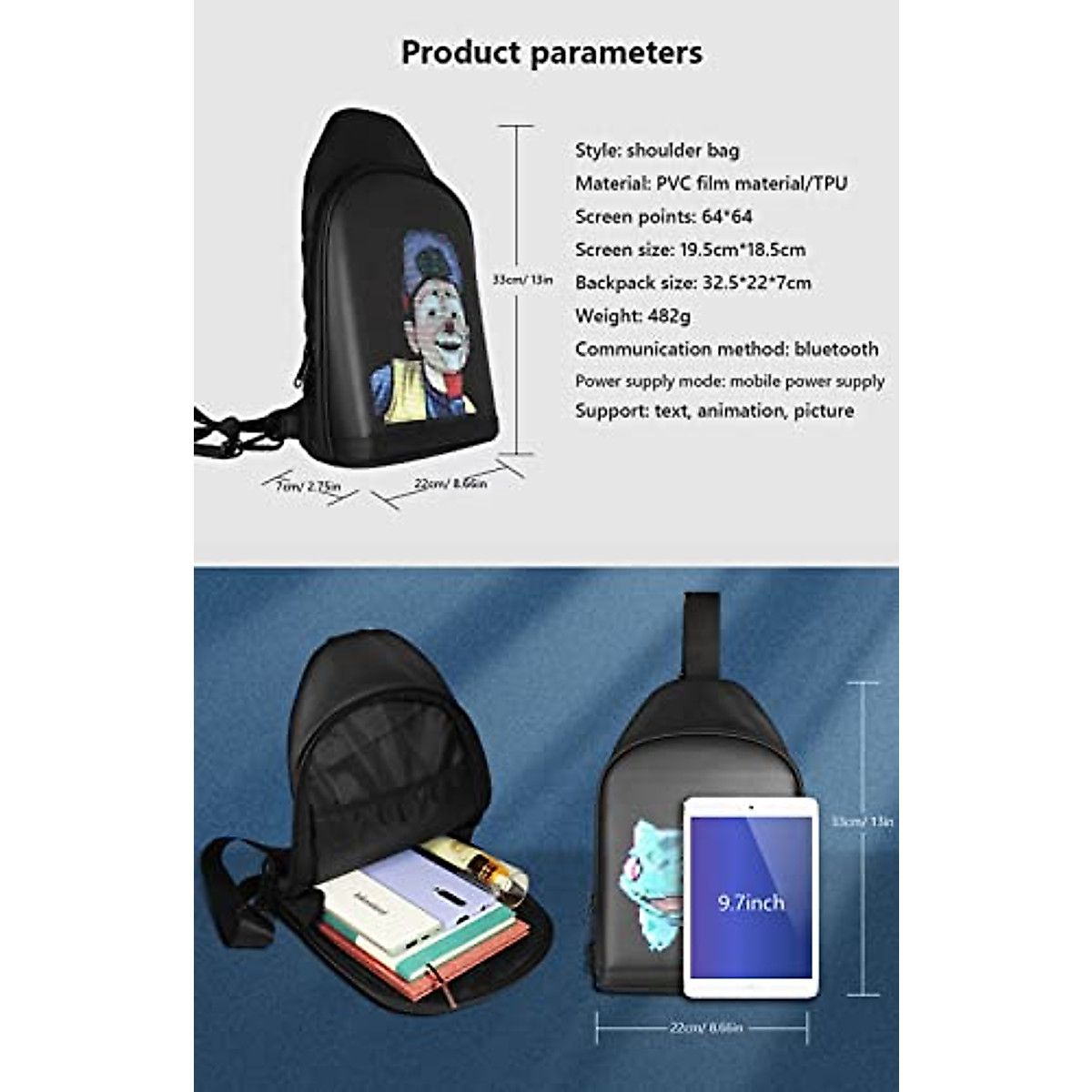 Waterproof Smart Led Backpack Programmable LED Shoulder bag 12.8 Inch Laptop Daypack 64*64 Pixels LED Display School Bags Travel Rucksack with USB Charging for Boy Girl Gift