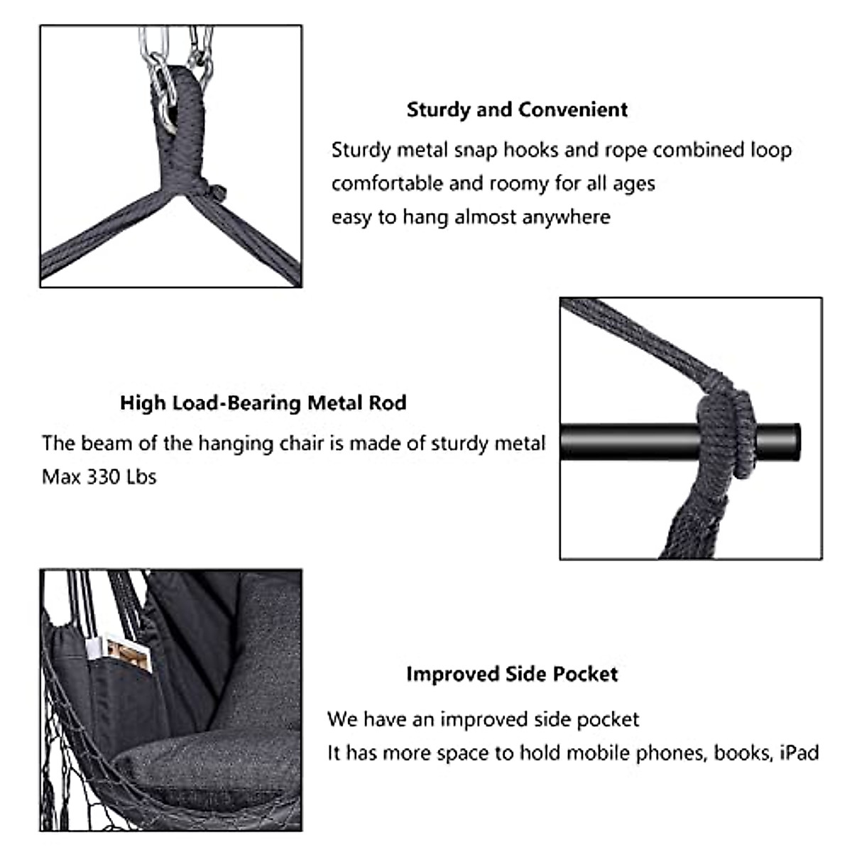 HBlife Hammock Chair, Max 330 Lbs, 2 Pillows Included, Dark Gray Hanging Chair with Pocket and Macrame, Swing Rope Chair for Bedroom, Backyard and Deck