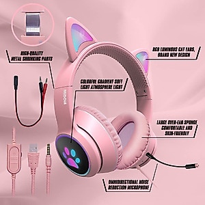 MIDOLA Gaming Wired AUX 3.5mm Cat Ear Headphone Over Ear LED Light Fit Adult & Kids Girl Boy Foldable Stereo Headset Earmuffs with Mic for PC PS4 Game Cellphone Laptop Pad Pink