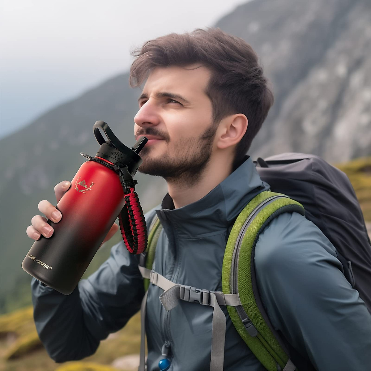 NATURE PIONEOR Insulated Water Bottles with Paracord Handle - 32 oz Vacuum Sports Wide Mouth Water Bottle with 3 Lids, Leak Proof Stainless Steel Keeps Hot and Cold