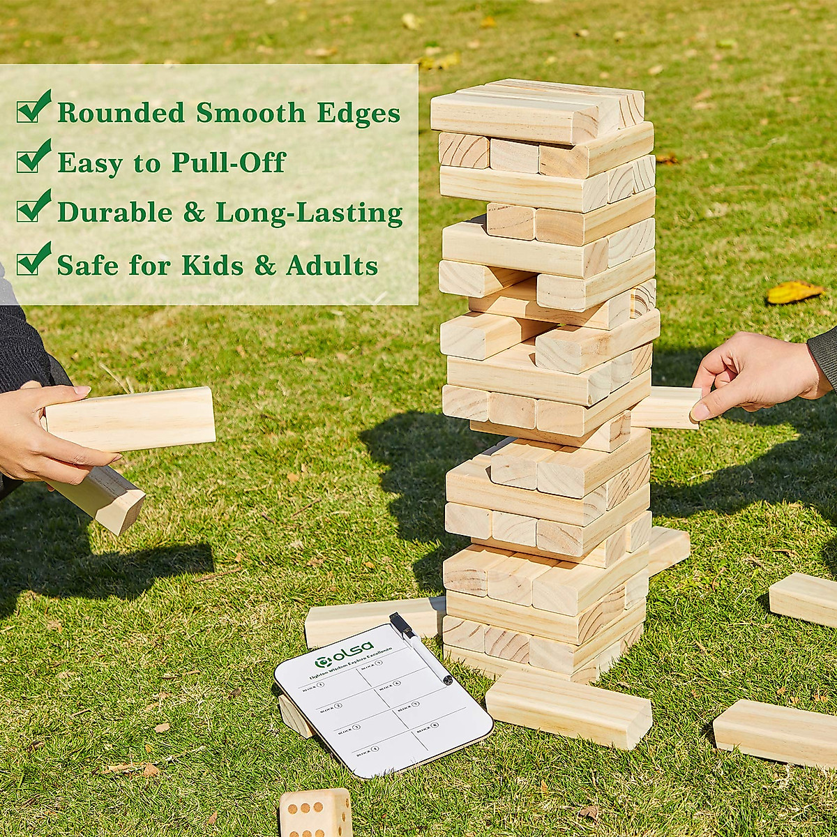 Olsa Giant Tumble Tower 60 PCS Wooden Block Stacking Games with Carrying Bag Classic Indoor & Outdoor Games for Kids Adults Family Backyard Lawn Beach Camping (Stack from 2.2 Ft to 5Ft)