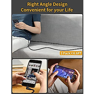 6.6FT iPhone Charger 90 Degree,[Apple MFi Certified] 3Pack USB to Lightning Cable Right Angle,Nylon Braided iPhone Fast Charging Cord for iPhone 14 13 12 11 Pro Max XR XS X 8 7 6 Plus SE iPad Air Mini