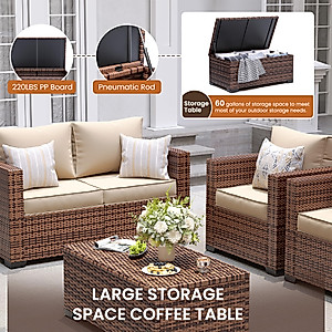 UDPATIO Outdoor Patio Furniture, 4 Pieces Outdoor Sectional Patio Set with Storage Coffee Table and Khaki Cushions, Patio Loveseats Balcony Furniture for Small Space